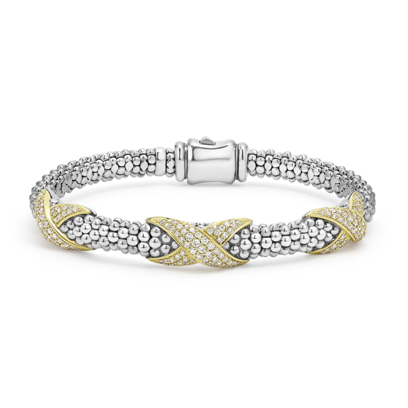 Lagos Embrace Sterling Silver Caviar Beading Bracelet Accented By Three 18K Yellow Gold And Diamond X Stations Weighing 1.09 Carat Total Weight. 05 81525 DD7